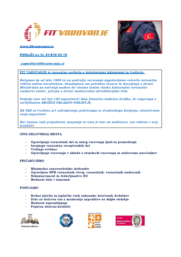 Zaposlitev v družbi FIT VAROVANJE d.d.